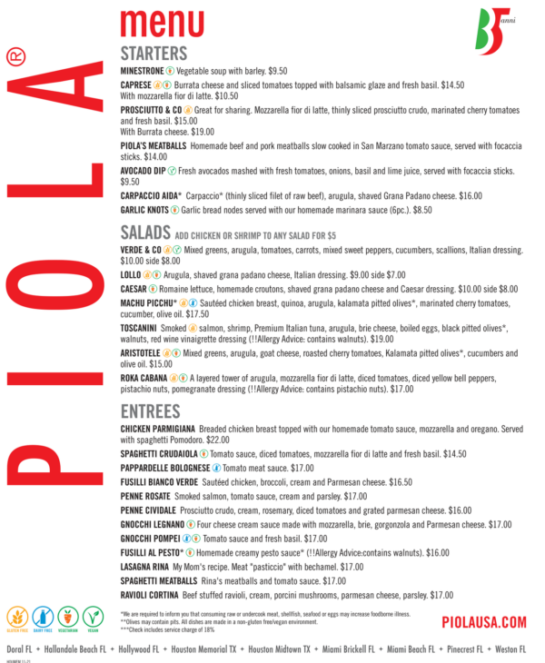 Genuine Italian Cuisine Menu In Doral, FL – Piola USA
