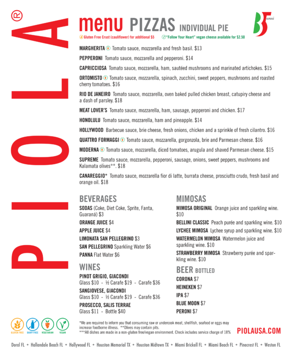 Piola Genuine Italian Pizza and Cuisine In Miami Beach, FL